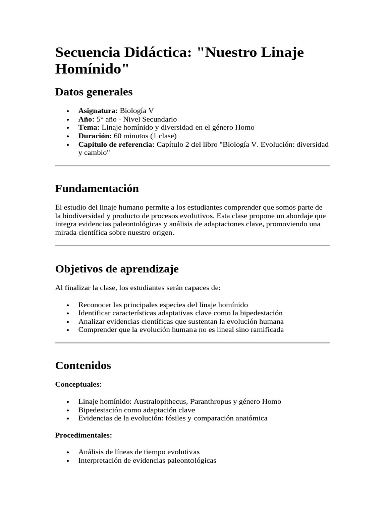 Secuencia Didáctica: Linaje Homínido | PDF | Evolución humana | Evolución