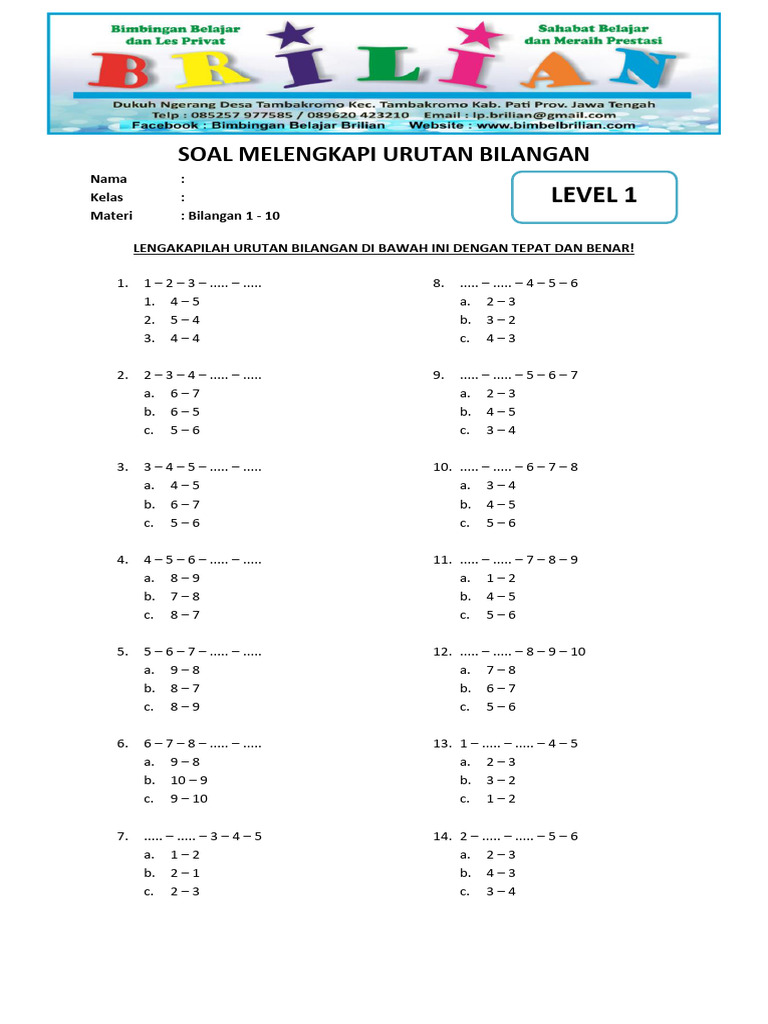Soal Melengkapi Urutan Bilangan - Level 1 Bilangan 1 Sampai 10 - Www ...