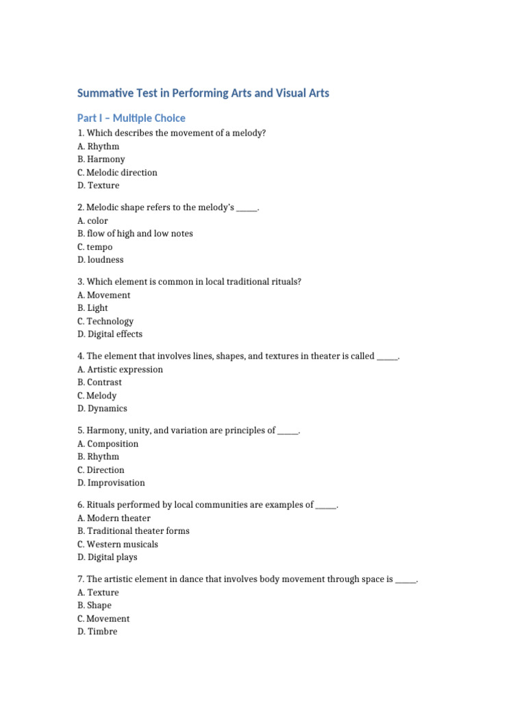 Performing Arts and Visual Arts Test | PDF