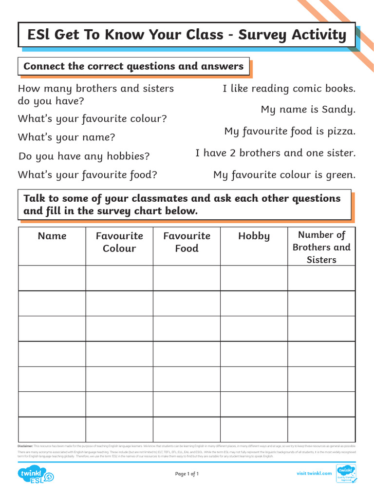 Survey - Get To Know Your Classmates | PDF | English As A Second Or ...