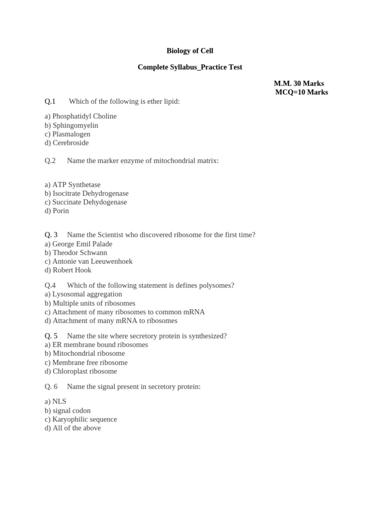 Cell Biology Zoology First Year Test | PDF | Endoplasmic Reticulum ...