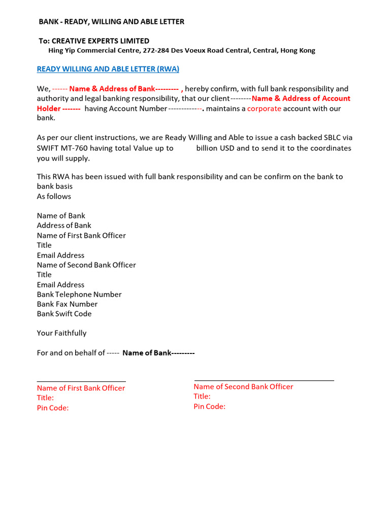 CE - RWA and Draft of SBLC | PDF | Letter Of Credit | Credit Card