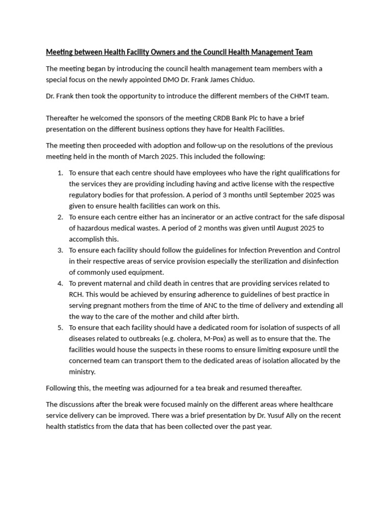 Health Facility Meeting Outcomes and Resolutions | PDF | Malaria | Waste