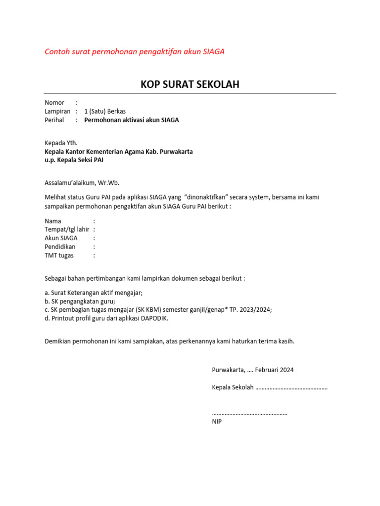 Contoh Surat Permohonan Pengaktifan Akun SIAGA-1 | PDF