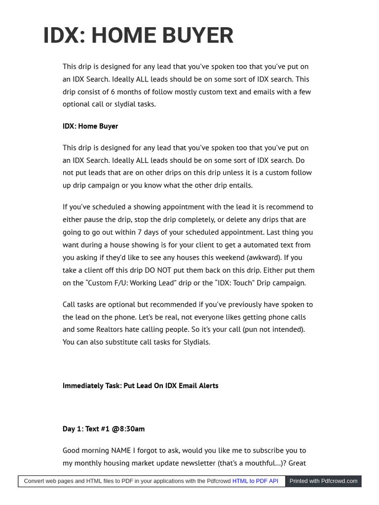IDX Home Buyer Drip Campaign Guide | PDF | Html | Virtual Reality