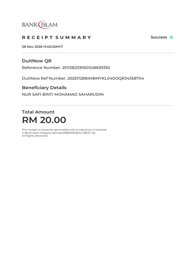 DuitNow QR Payment Receipt Summary | PDF