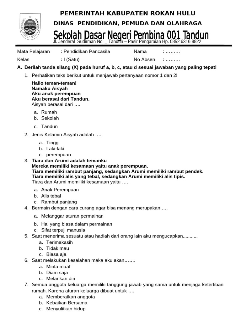 Soal ujian semester 1 Pend. Pancasila Kelas 1 | PDF