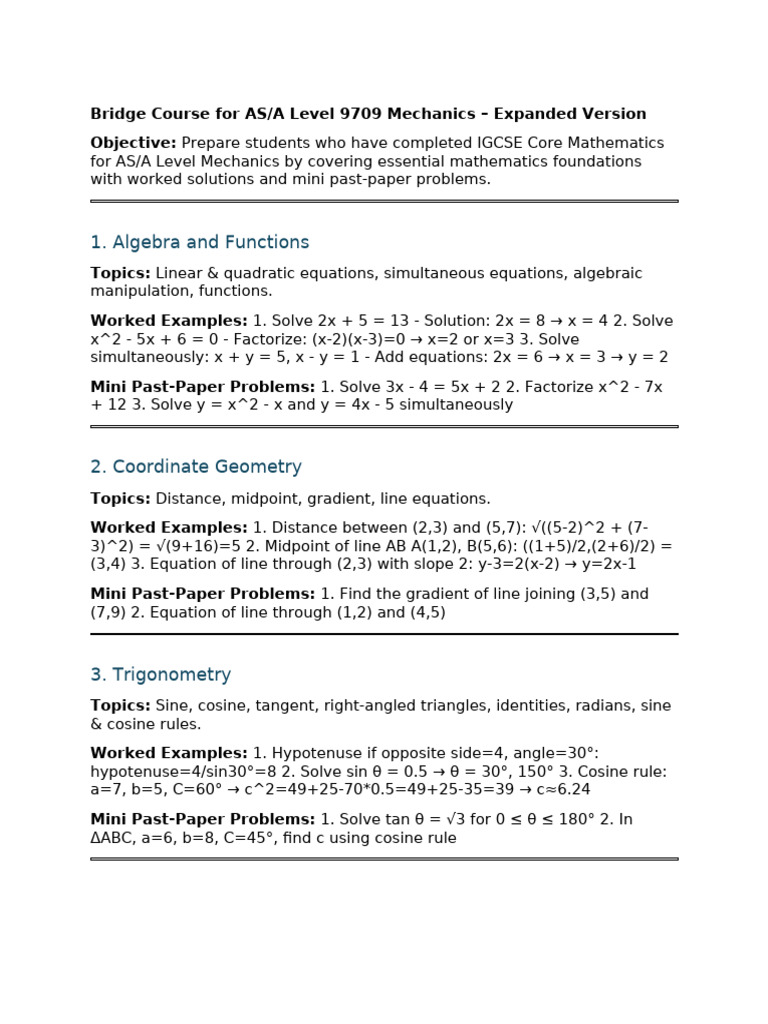 AS/A Level 9709 Mechanics Bridge Course | PDF | Equations | Line (Geometry)