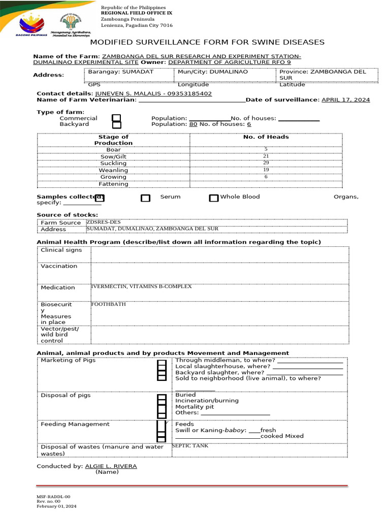 Swine Disease Surveillance Form 2024 | PDF | Pig | Human–Animal Interaction
