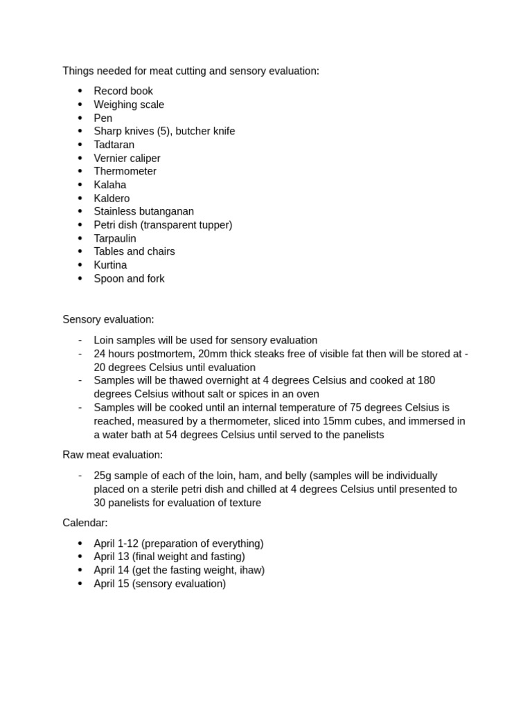 Things Needed For Meat Cutting and Sensory Evaluation | PDF