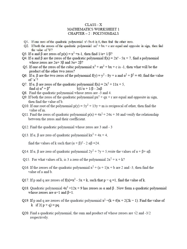 10D Polynomials Worksheet | PDF