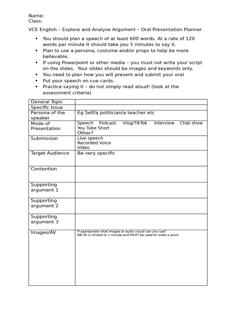 VCE English Oral Presentation Planner | PDF