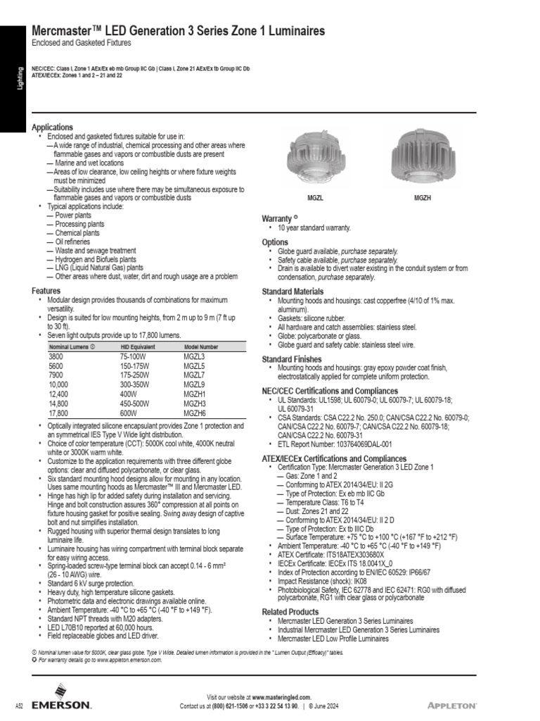 Catalog Mercmaster Led Generation 3 Zone 1 Series Luminaires Appleton ...