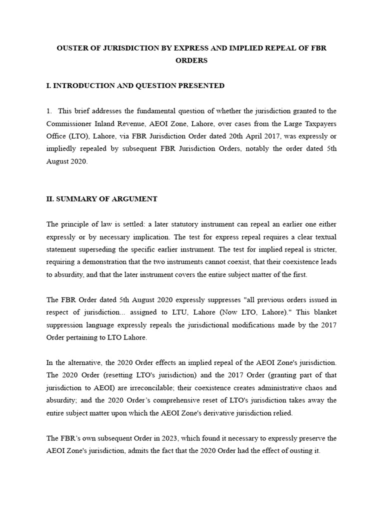 Regarding - Ouster of Jurisdiction by Express and Implied Repeal of FBR ...