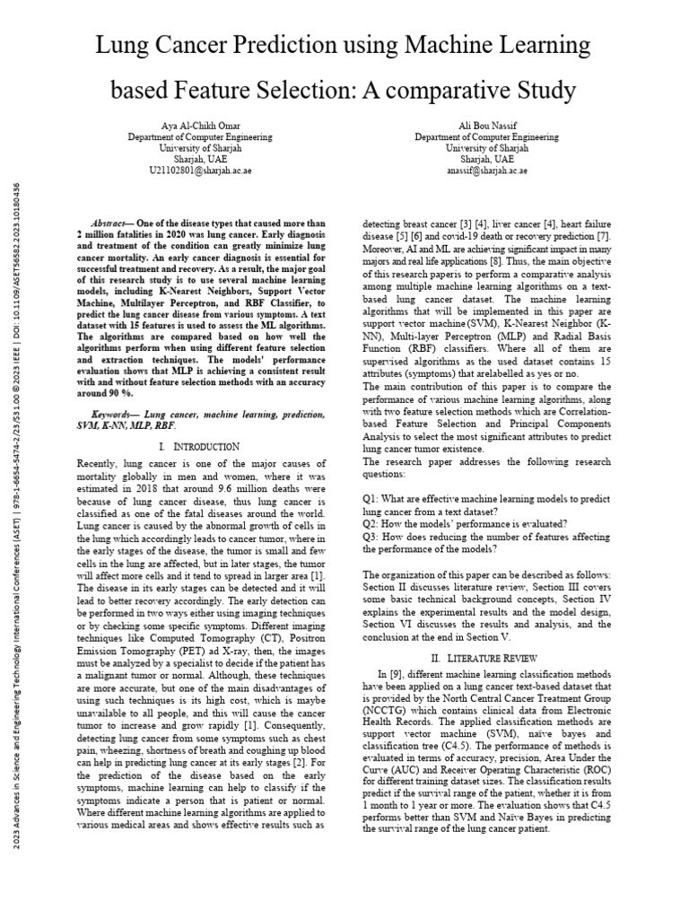 Lung Cancer Prediction Using Machine Learning Based Feature Selection a ...