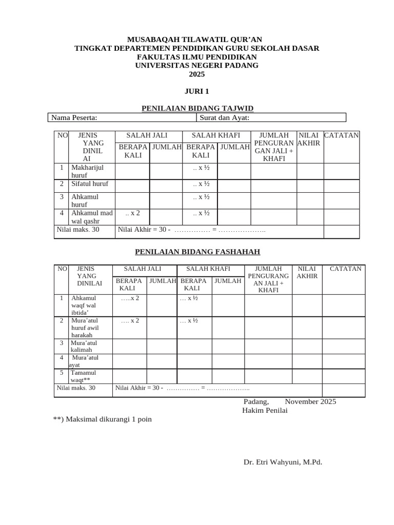 Form Penilaian Mtq Juri 1 | PDF