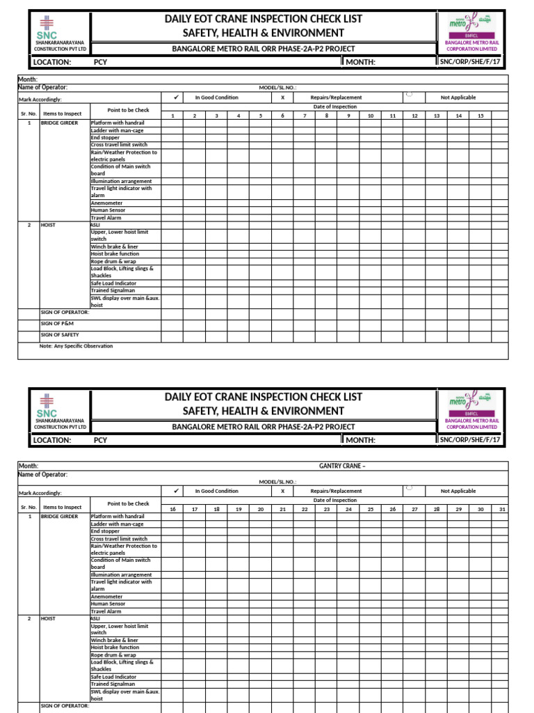 Daily EOT Crane Inspection Checklist | PDF | Crane (Machine)