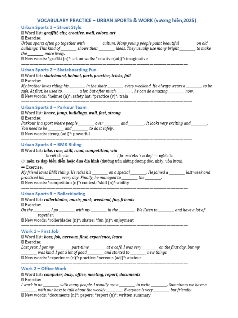 Vocabulary Practice Urban Sports and Work PreIntermediate | PDF