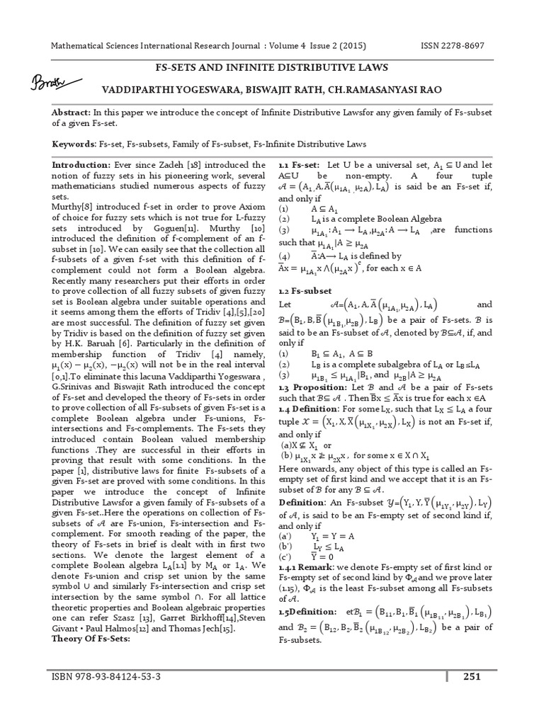 FS-SETS AND INFINITE DISTRIBUTIVE LAWS | PDF | Set (Mathematics ...