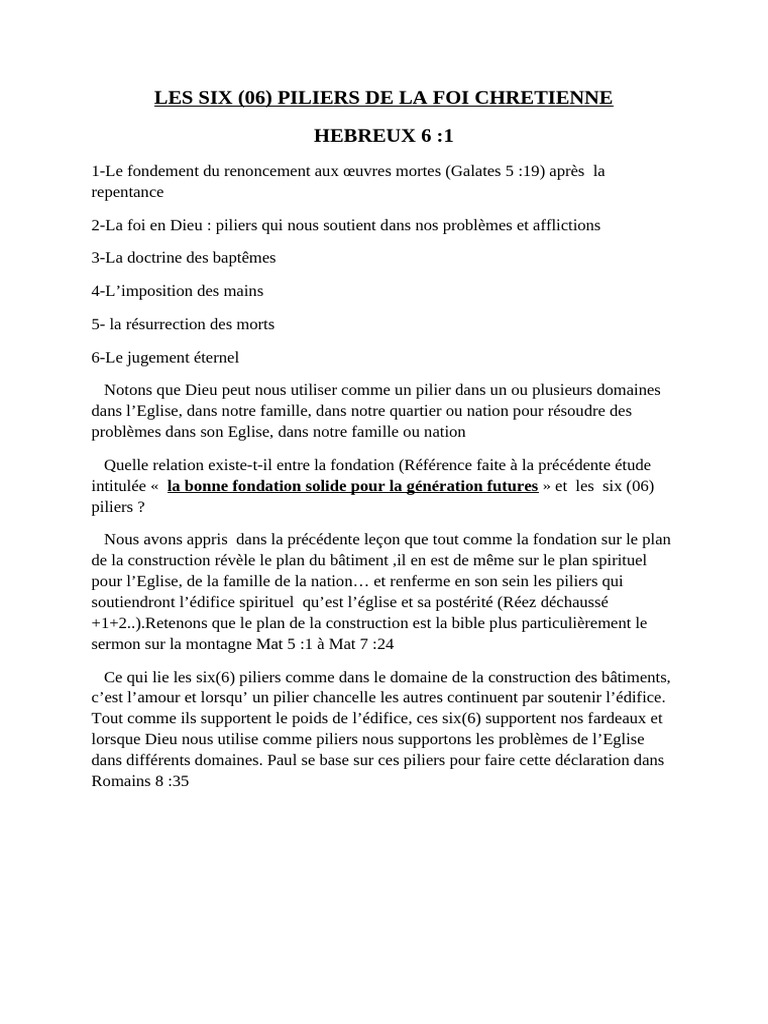 Six Piliers de la Foi Chrétienne | PDF | Onction | Dieu