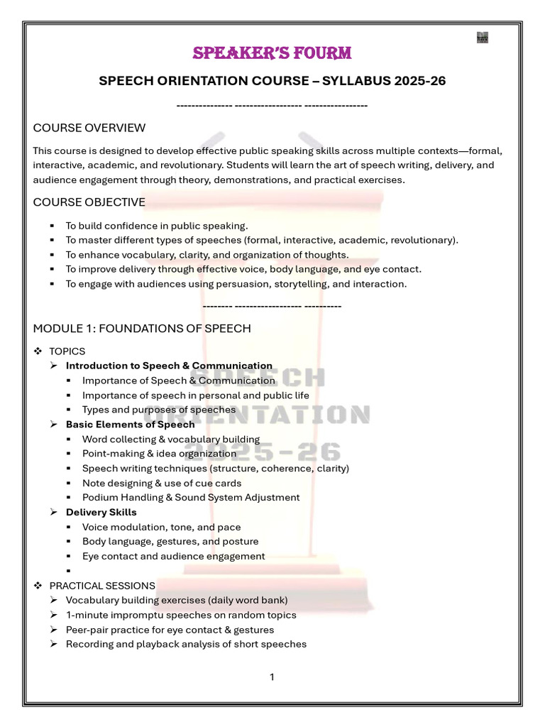 Public Speaking Skills Course Syllabus | PDF | Public Speaking | Body ...