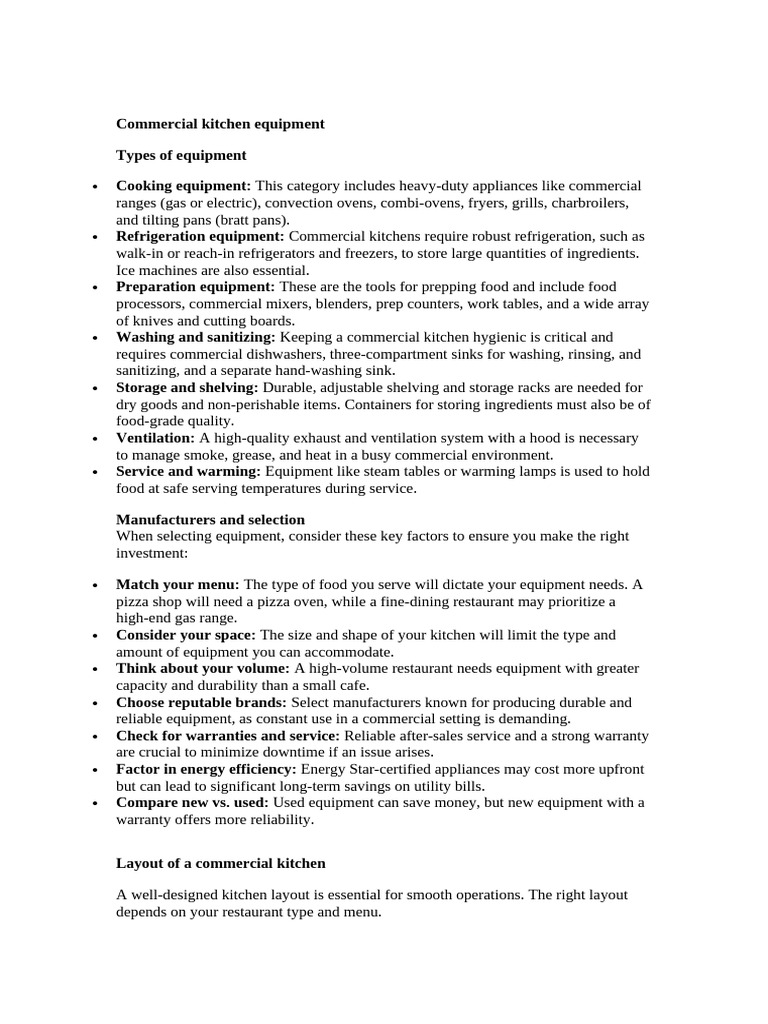 Essential Commercial Kitchen Equipment Guide | PDF | Kitchen | Surfactant