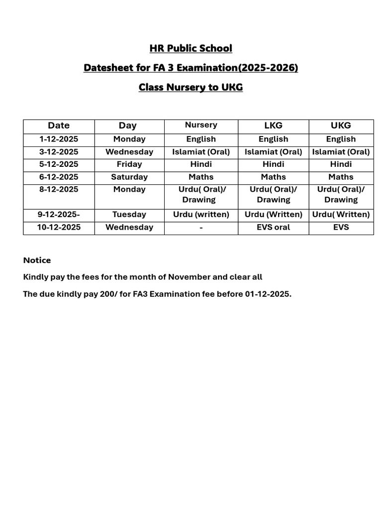 Fa3 Datesheet For Class Nursery To Ukg | PDF