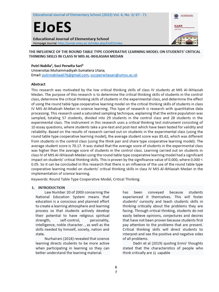 The Influence of the Round Table Type Cooperative Learning Model on ...