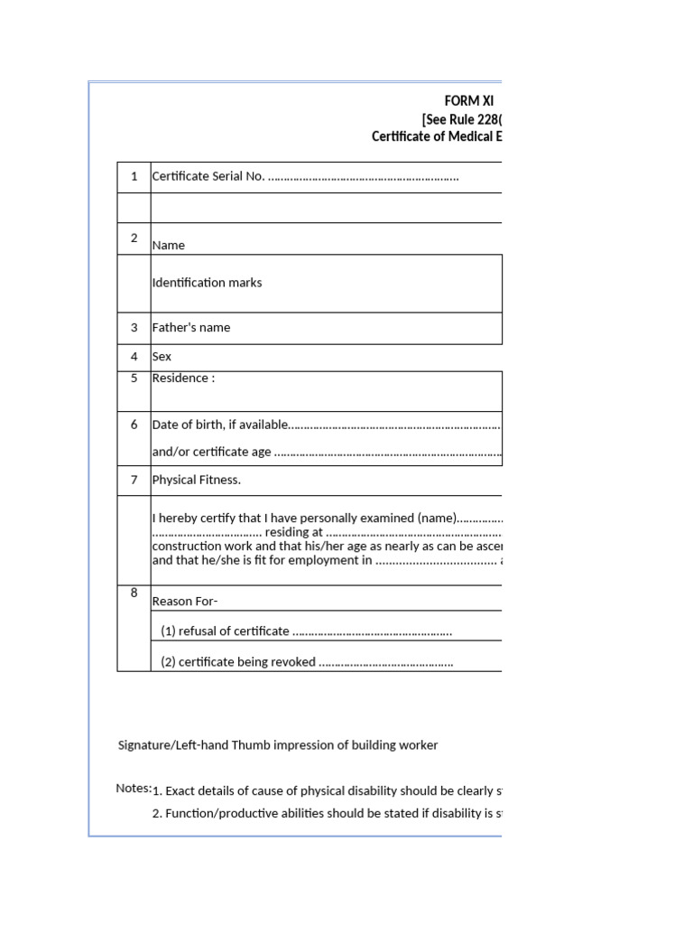 Medical Examination Certificate Form XI | PDF
