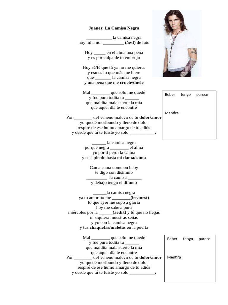 Cancion Juanes La Camisa Negra Actividades y Juegos 74465 | PDF