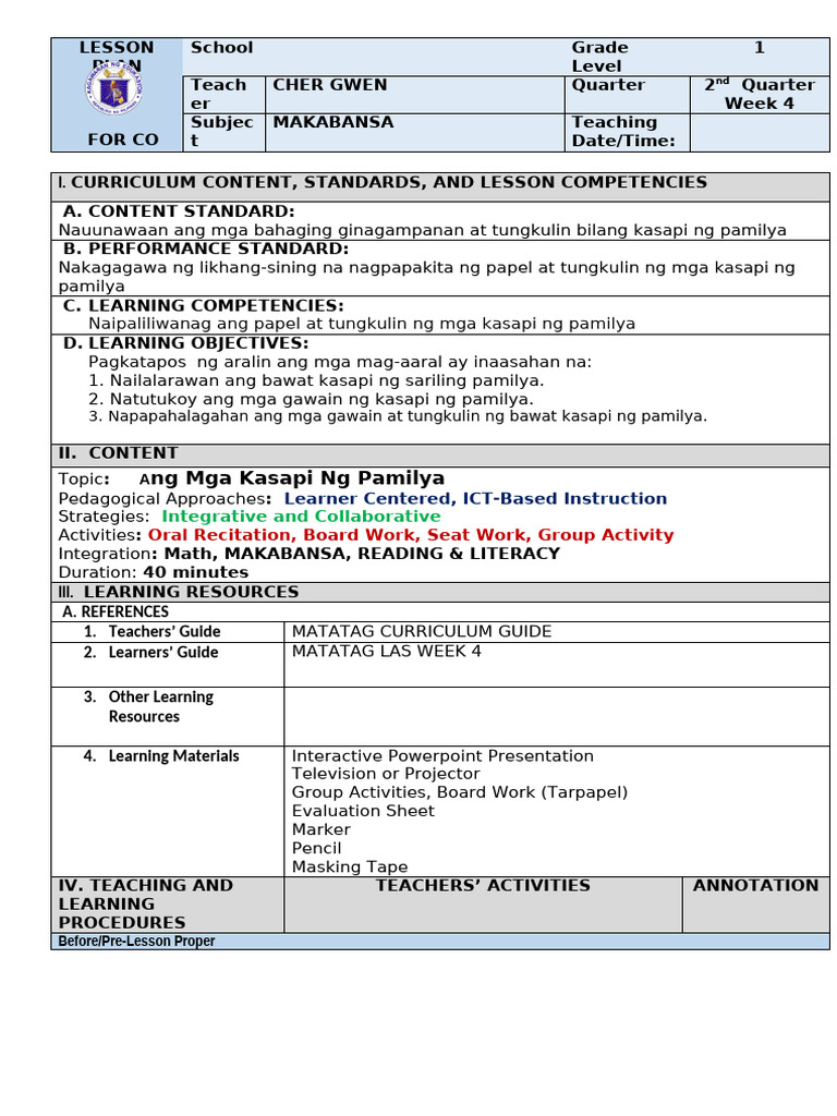 Lesson Plan on Family Roles and Duties | PDF | Learning | Pedagogy