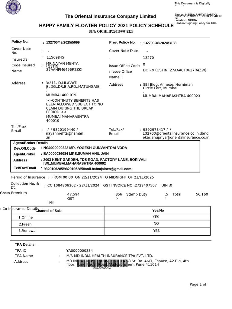 Oriental Insurance Family Floater Policy | PDF | Insurance