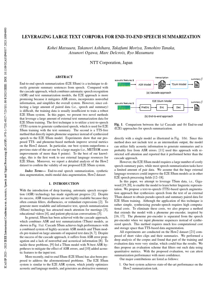 Leveraging Large Text Corpora For End-To-End Speech Summarization | PDF ...