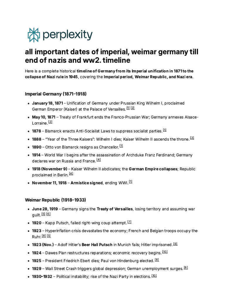 All Important Dates of Imperial, Weimar Germany Ti | PDF | German ...