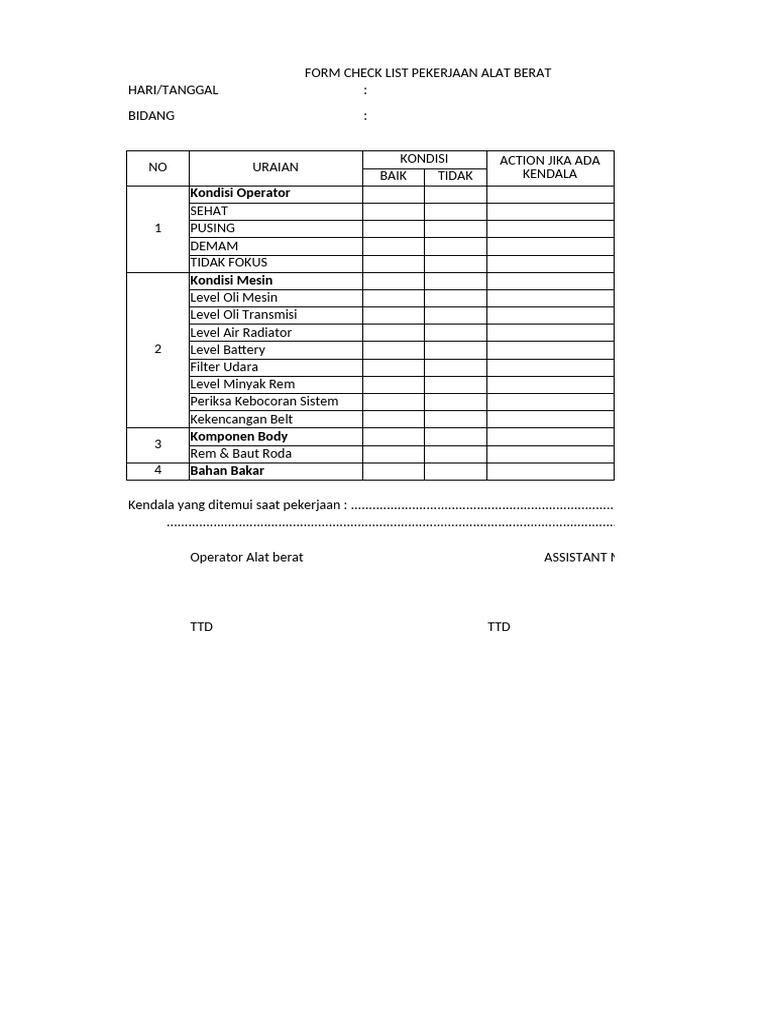 Checklist Pekerjaan Alat Berat | PDF