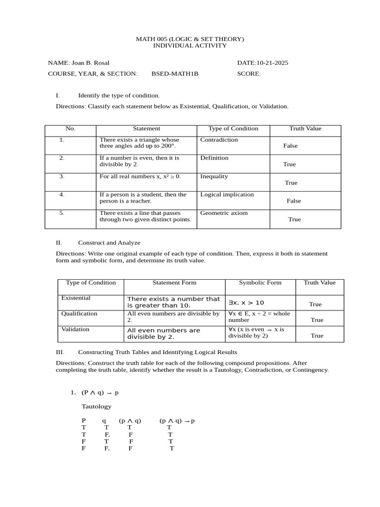 Math-005-Activity - Rosal, Joan B Bsed Math 1b | PDF | Truth ...