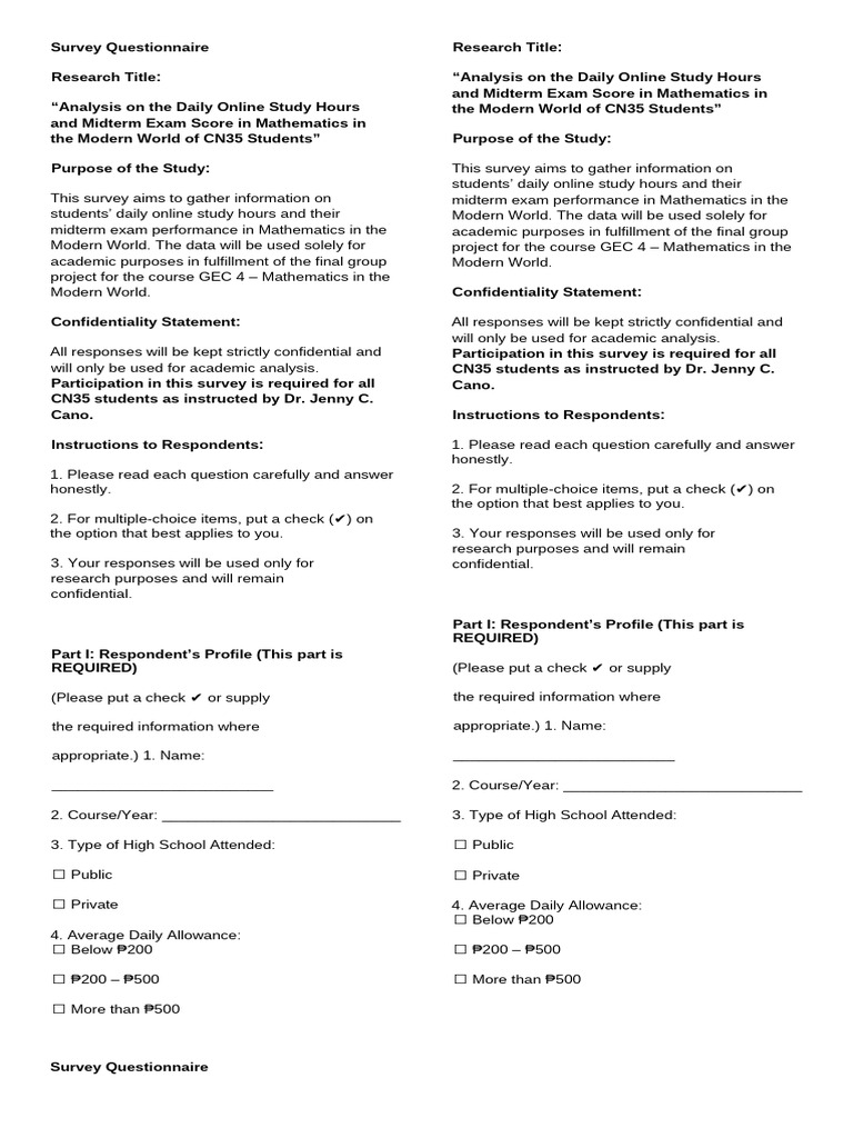 Online Study Hours vs. Math Scores Survey | PDF | Multiple Choice