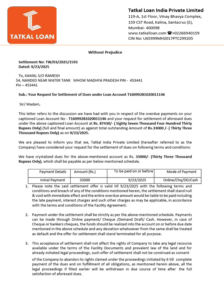 Settlement Letter - T16099281020011146-KAMAL RAMESH | PDF | Cheque | Payments