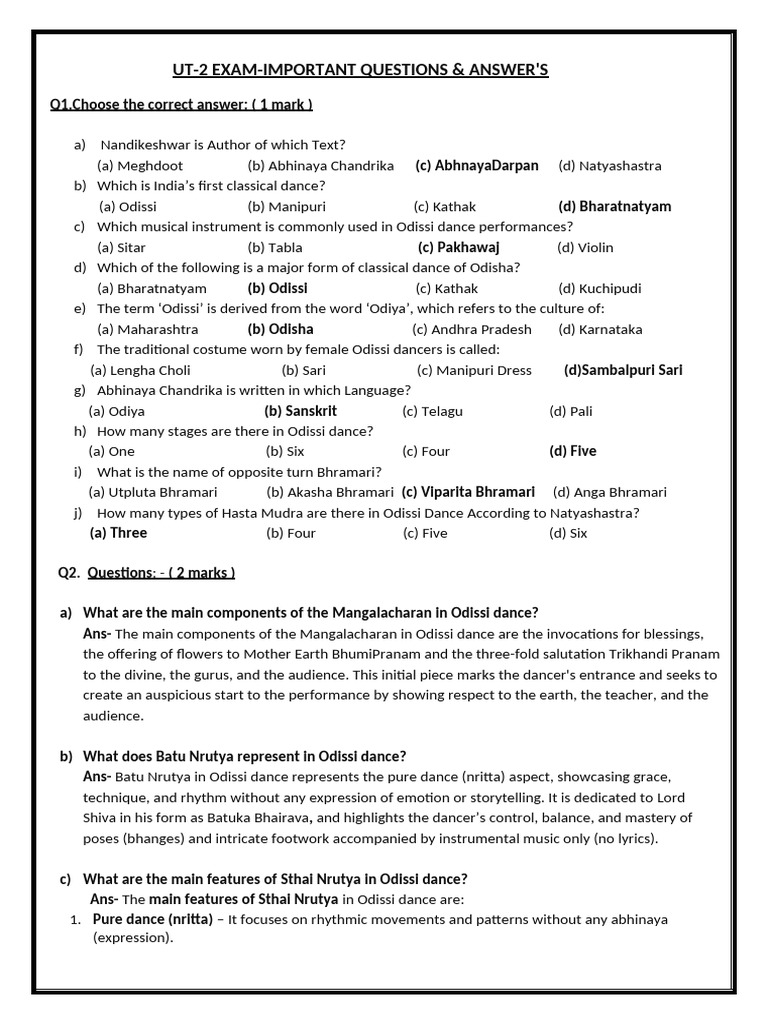 Odissi Dance Exam: Key Questions & Answers | PDF | Dances | Rhythm