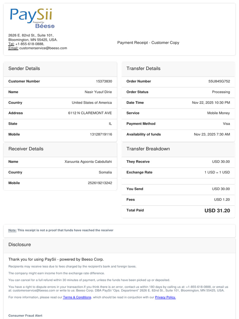 Payment Receipt for Money Transfer | PDF | Receipt | Payments