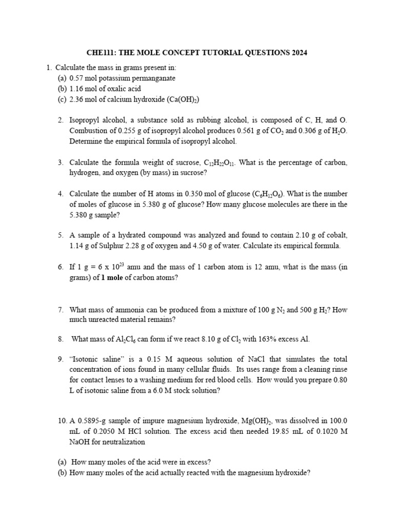 The Mole Concept Tutorial Questions Nov 2024.docx-1 | PDF | Mole (Unit ...
