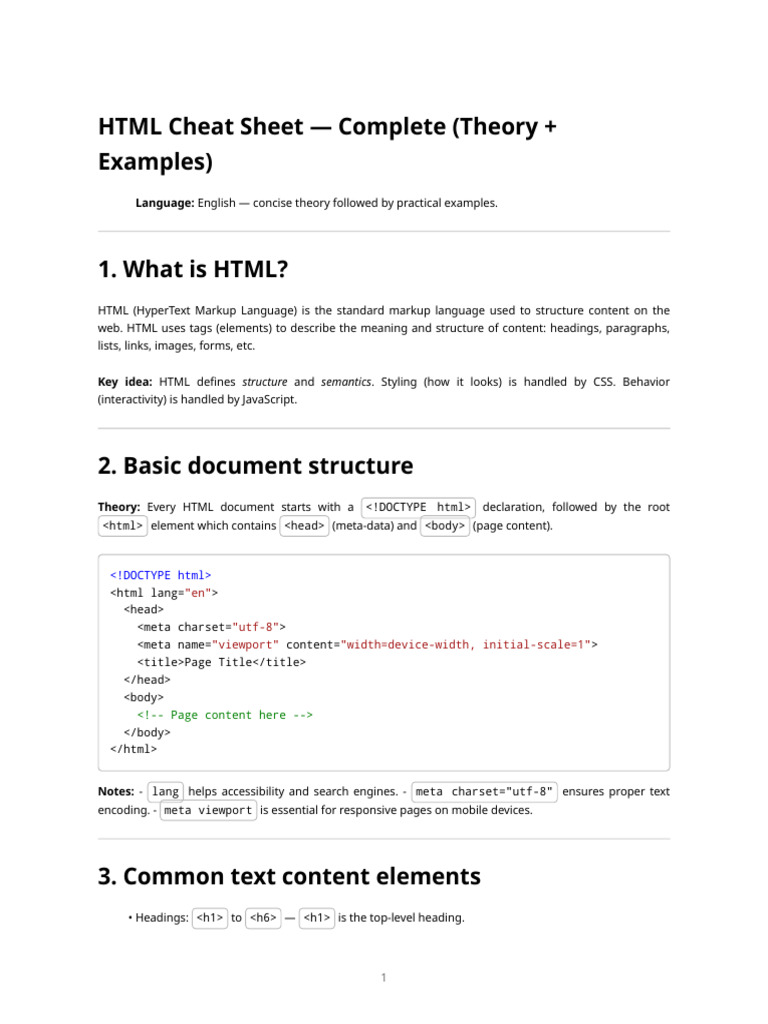 HTML Cheat Sheet — Complete (Theory + Examples) | PDF | Html | Html Element