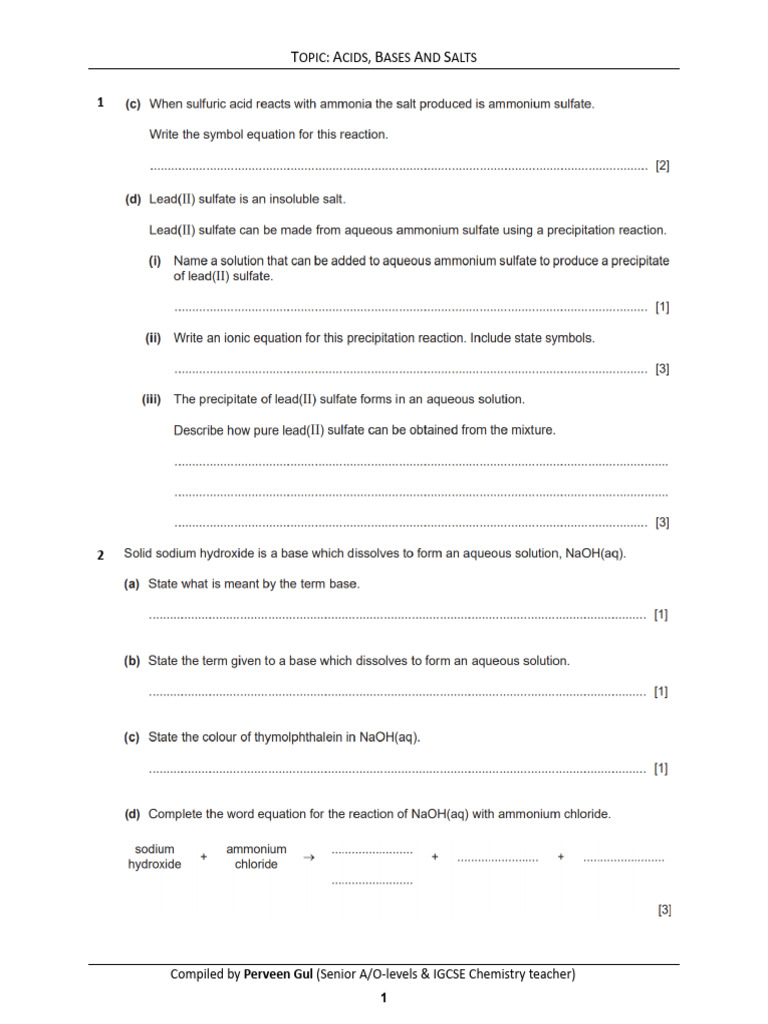 Acids, Bases and Salts Worksheet P4 | PDF | Educational Stages ...