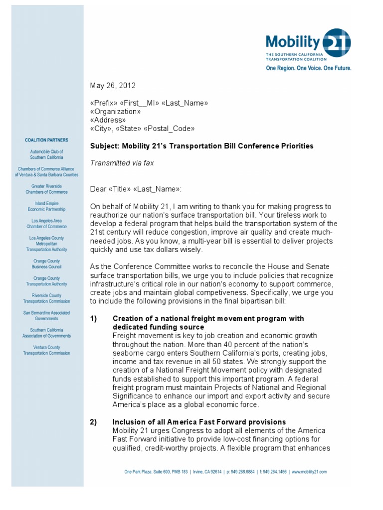 Mobility 21 Letter To Conferees | PDF | United States Congress ...