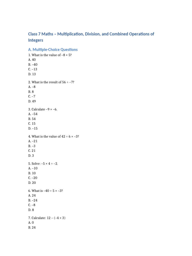 Class7 Math Integers | PDF