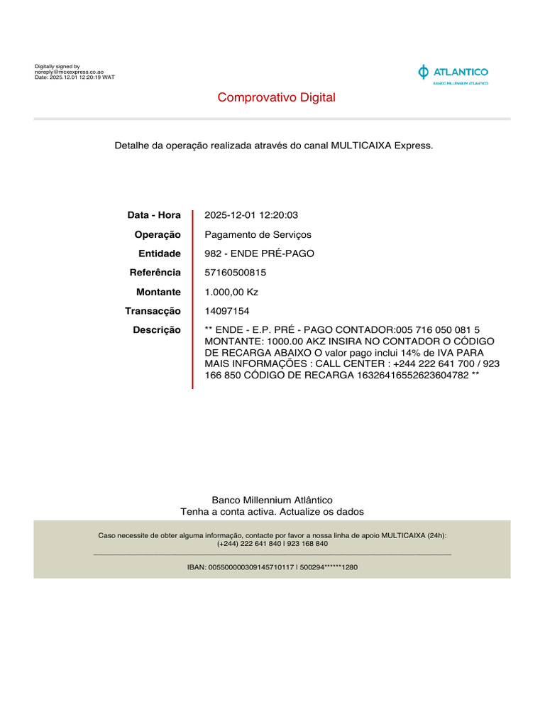Comprovativo de Pagamento ENDE Pré-Pago | PDF
