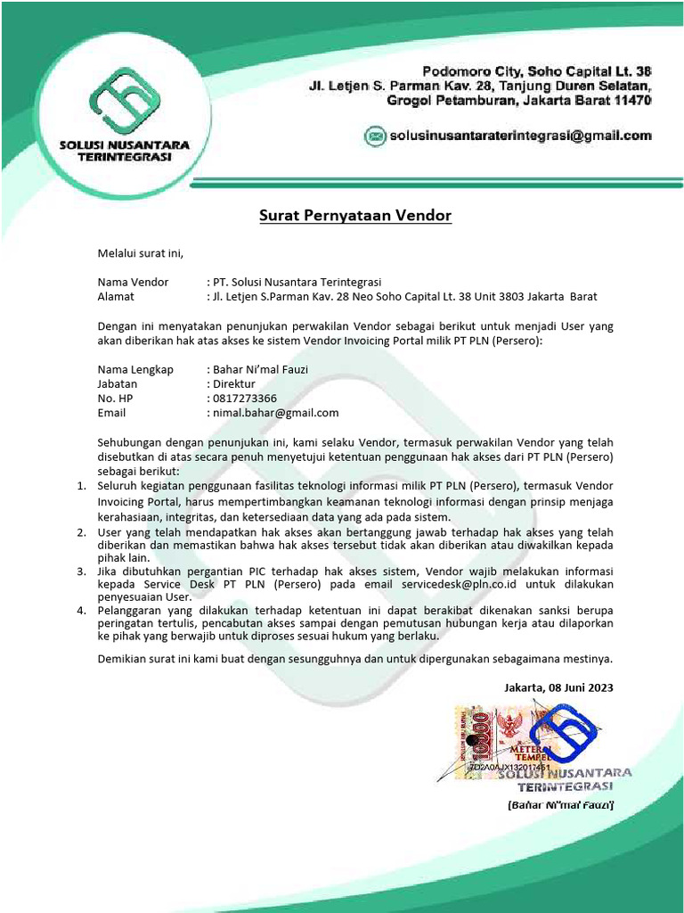 Surat Pernyataan Akses Vendor PLN | PDF