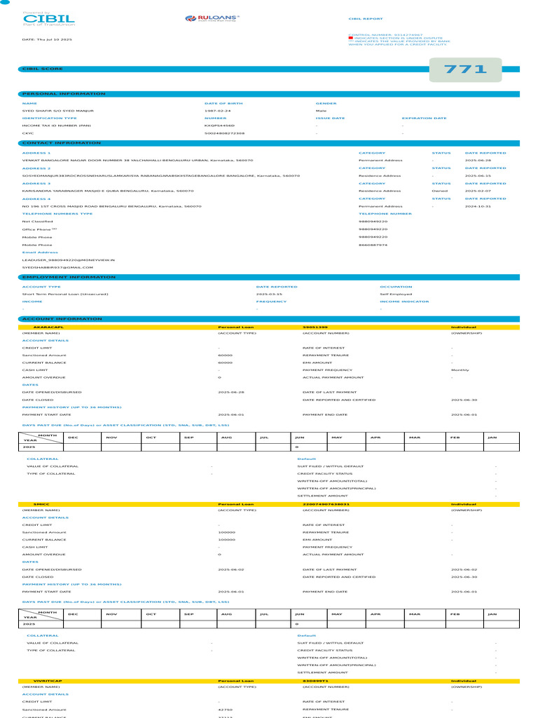 CIBIL Report Summary for Syed Shafir | PDF | Finance & Money Management ...