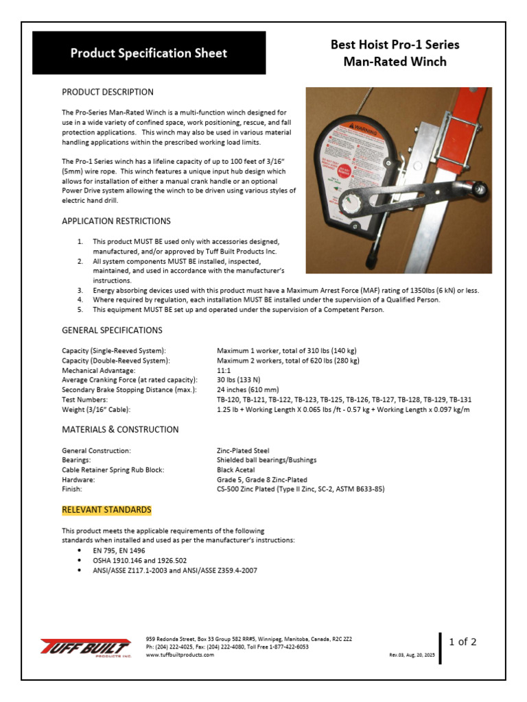 Spec Sheet Best Hoist Pro-1 Winch Rev03 | PDF | Manufactured Goods