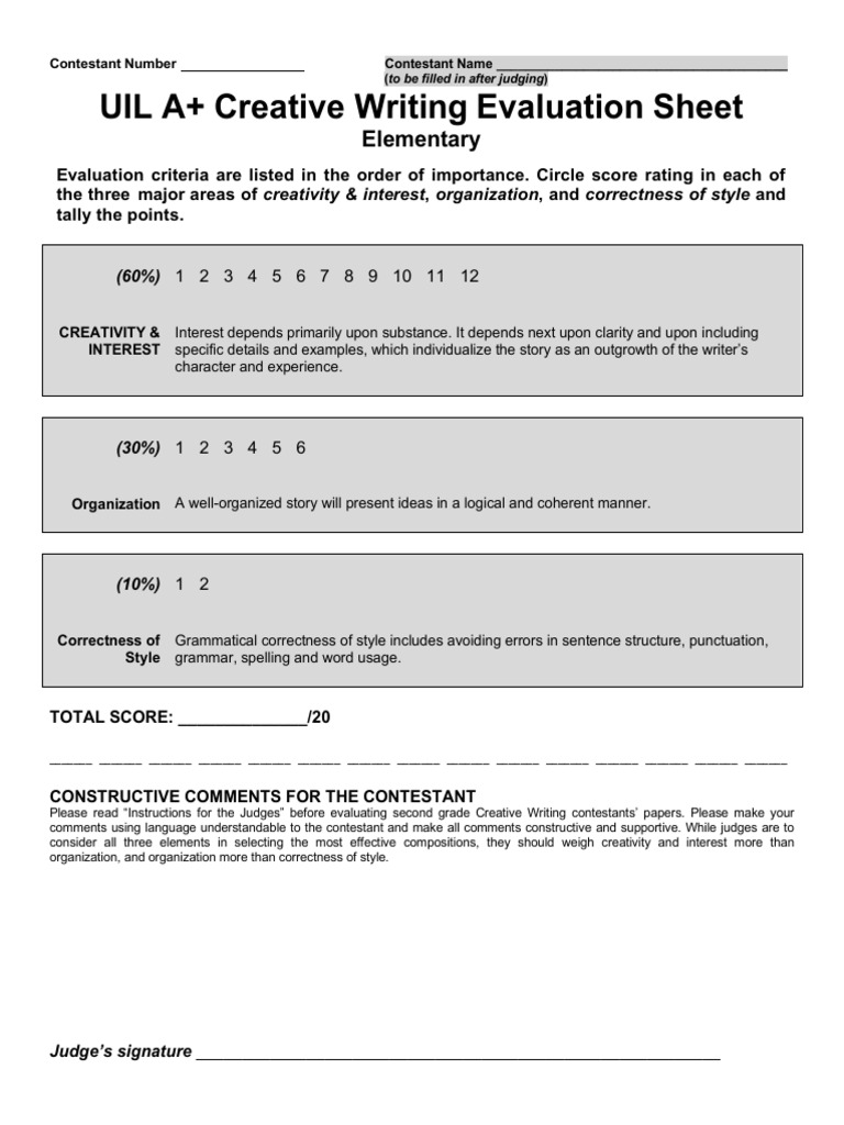 UIL A+ Creative Writing Evaluation Sheet | PDF | Human Communication ...